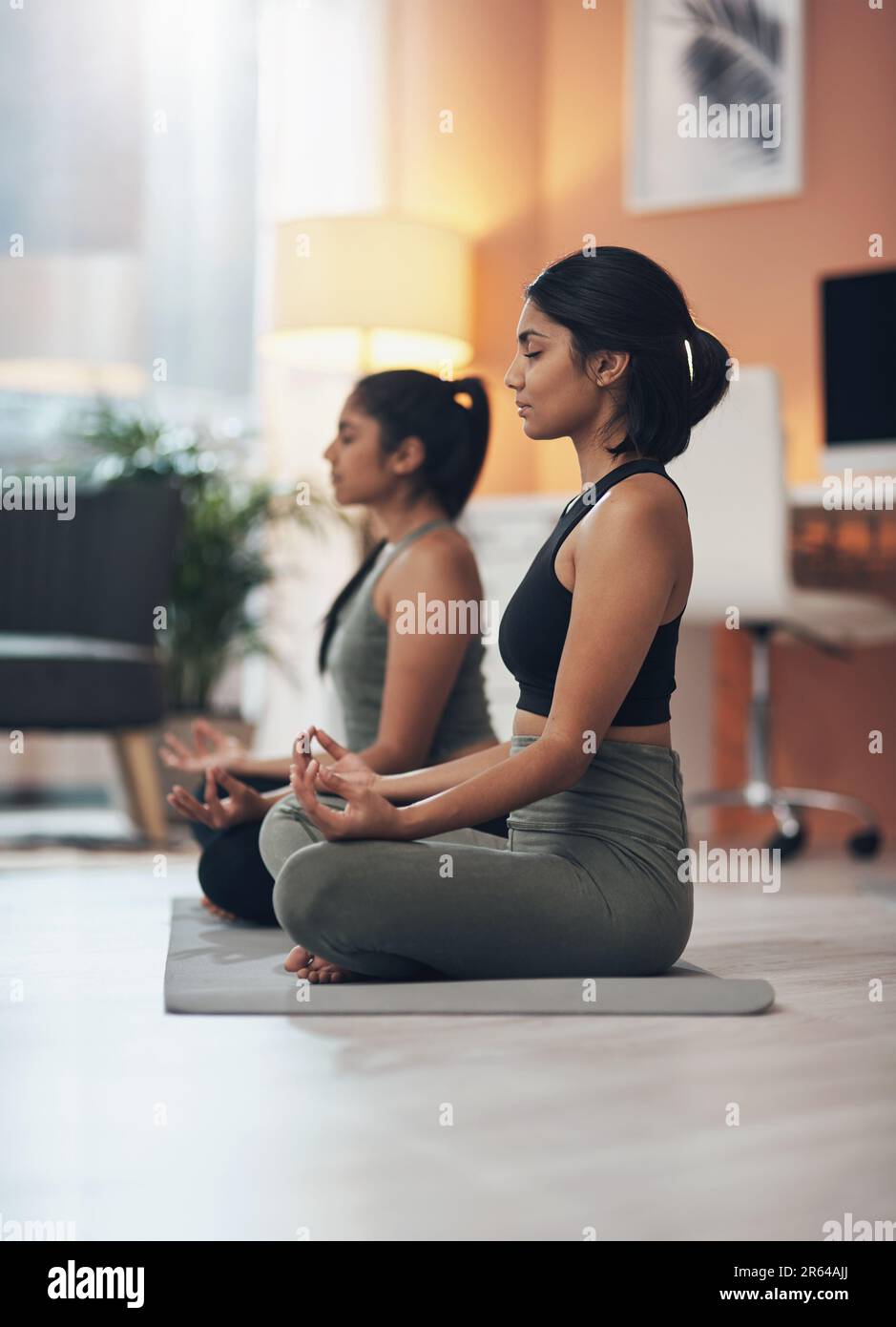 Friends, meditation and zen women together in a house for mindfulness ...