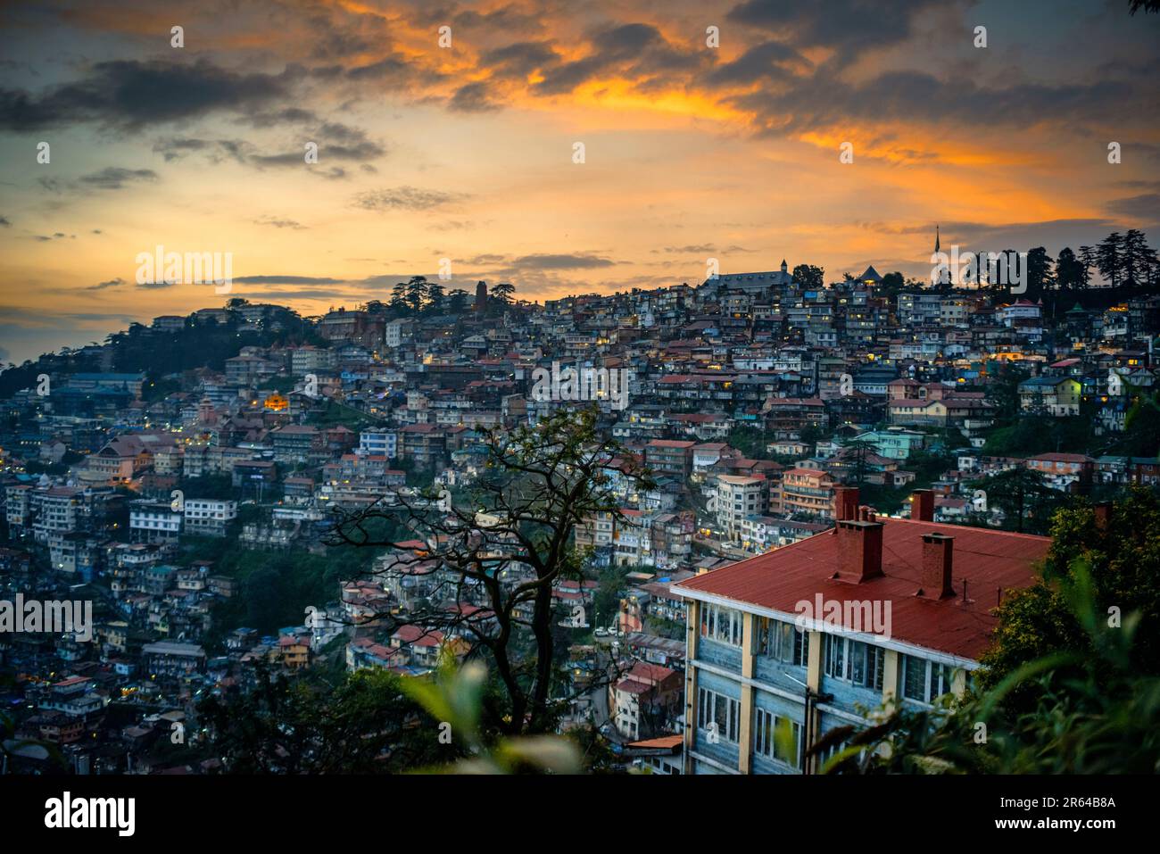Sunset Skyline of Shimla city in Himachal Pradesh, India. Natural ...