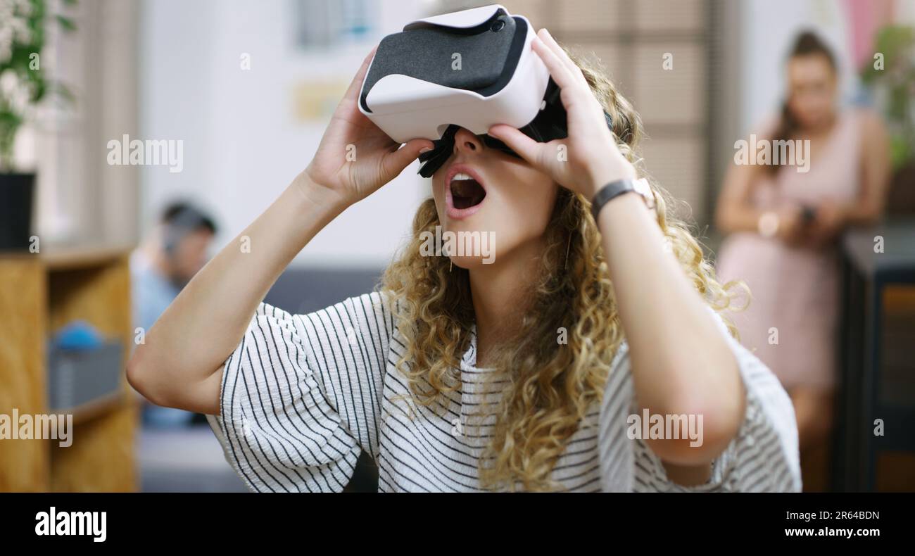 Virtual reality, future and shocked woman in the metaverse, digital or ...