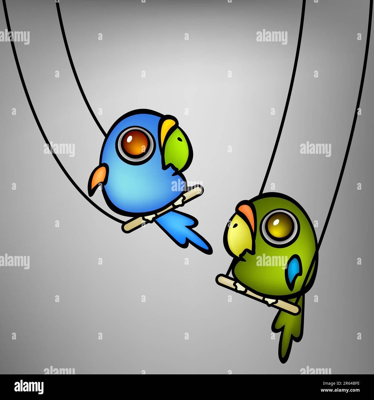 Editable vector illustration of two budgies on swinging perches Stock ...