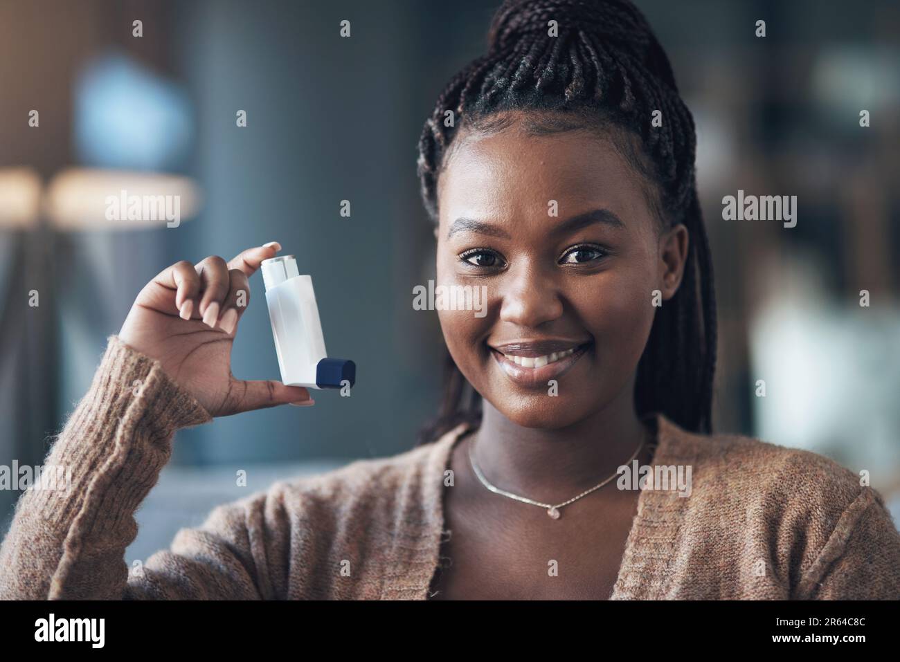 Asthma, medicine and portrait of a woman with inhaler to breathe in ...