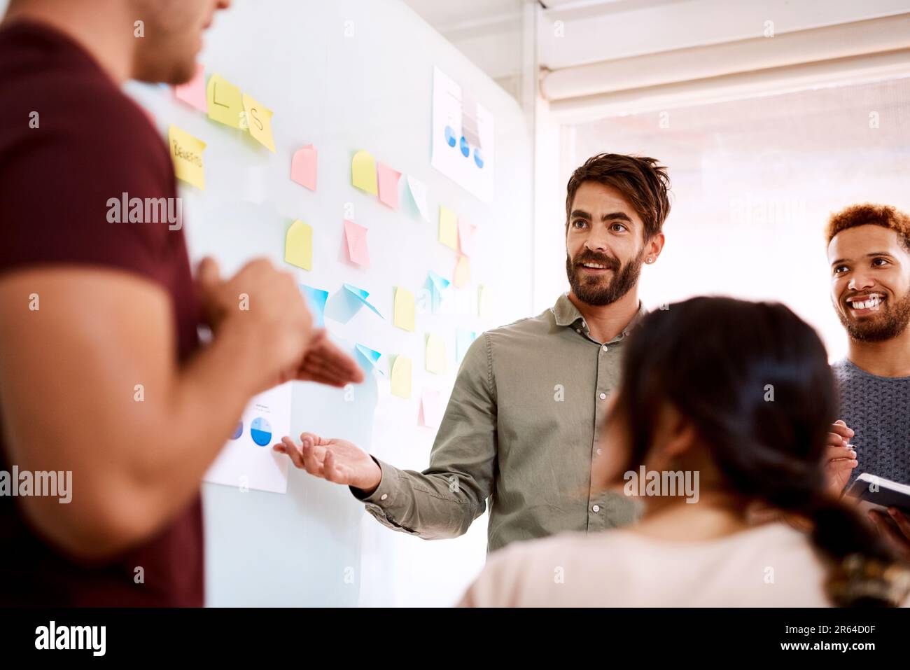 Brainstorming, data and teamwork with man in meeting for strategy ...