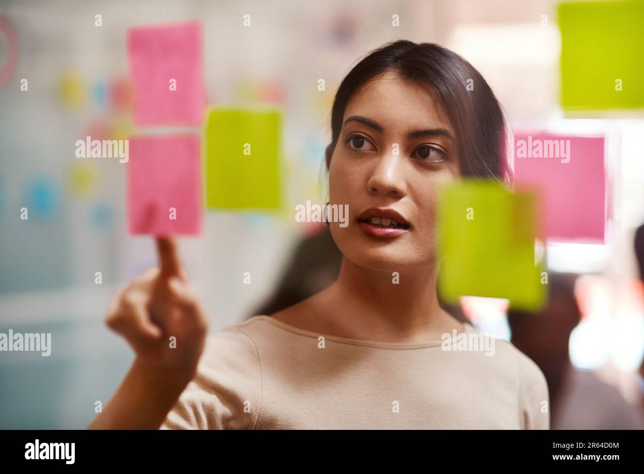 Brainstorming, creative and moodboard with woman in meeting for speaker ...