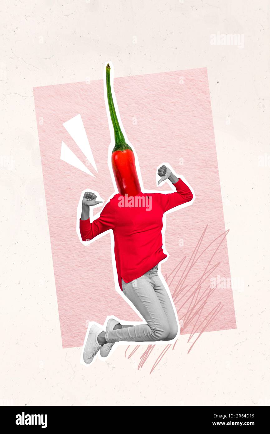 Poster collage banner of freak person with red hot chili pepper face ...