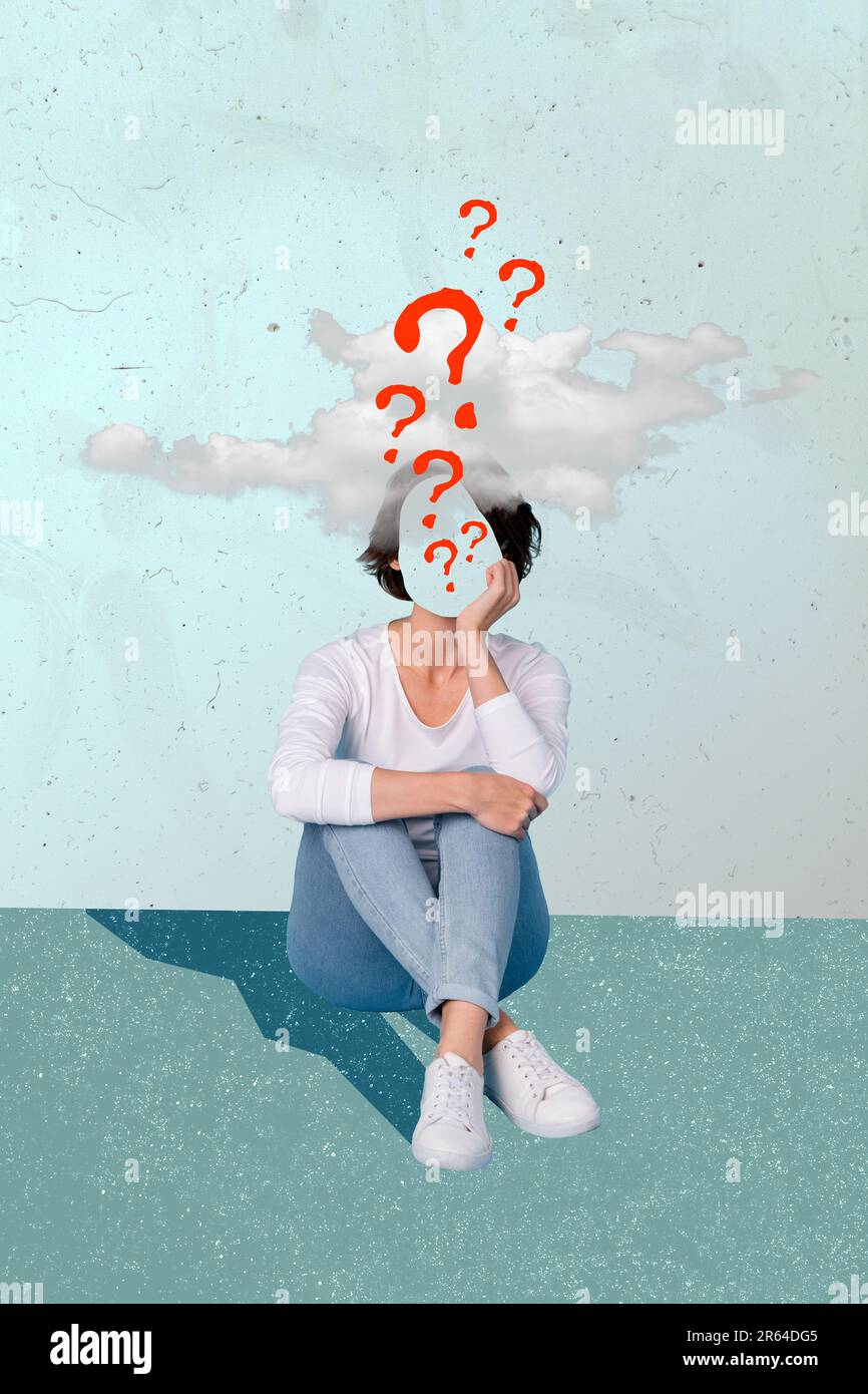 Vertical collage image of minded clueless girl question marks instead ...