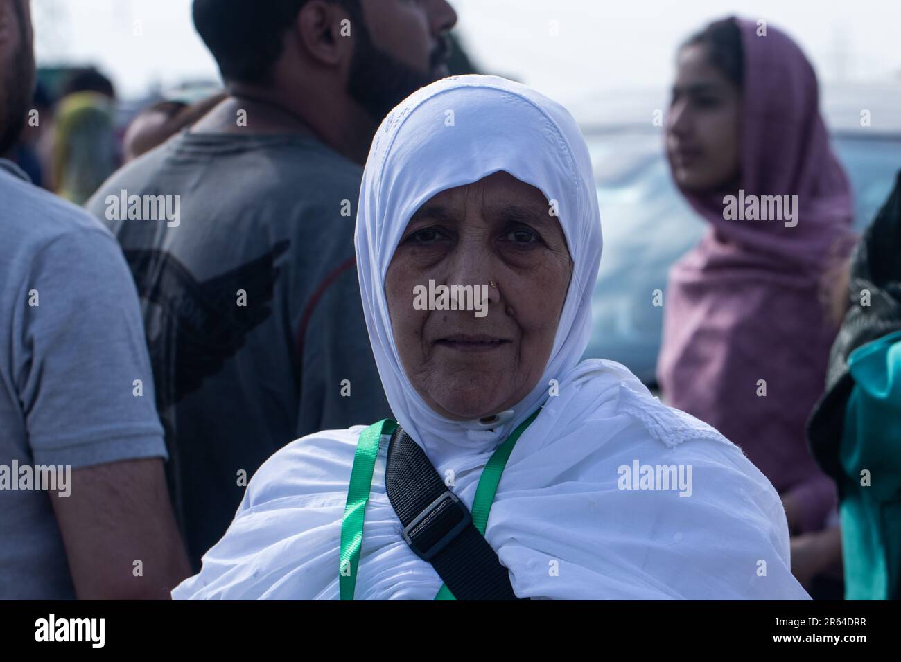 June 7, 2023, Srinagar, Jammu and Kashmir, India: A Kashmiri Muslim pilgrim gazes ahead as she ...