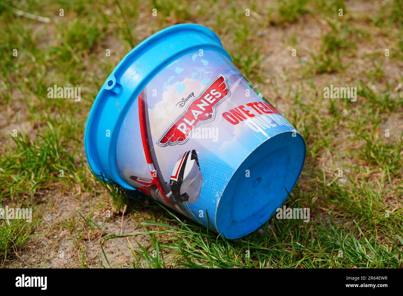 An empty plastic bucket sits on the ground surrounded by lush green ...