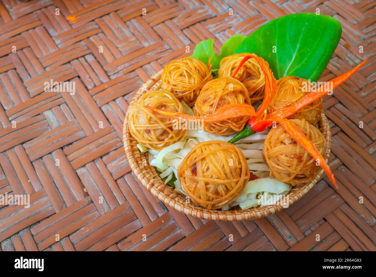 Deep fried wrapped pork with noodle. Traditional thai food as known as Mhoo Sarong Stock Photo ...