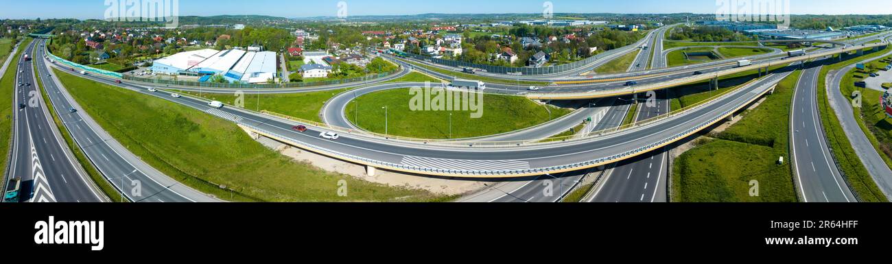 Krakow, Poland. Wide aerial panorama of highway multilevel spaghetti ...