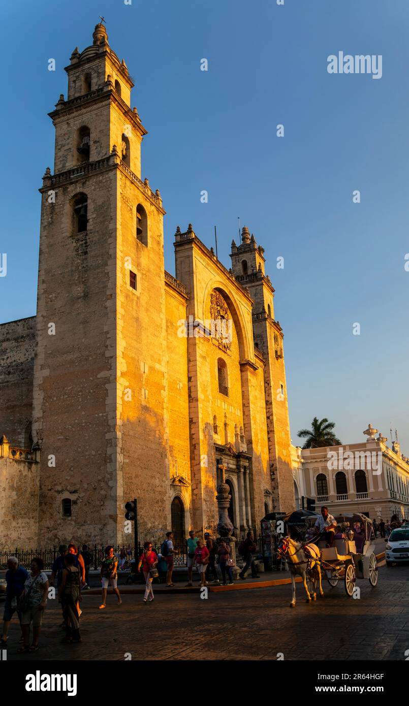 Horse and carriage ride passing the cathedral church in late afternoon ...