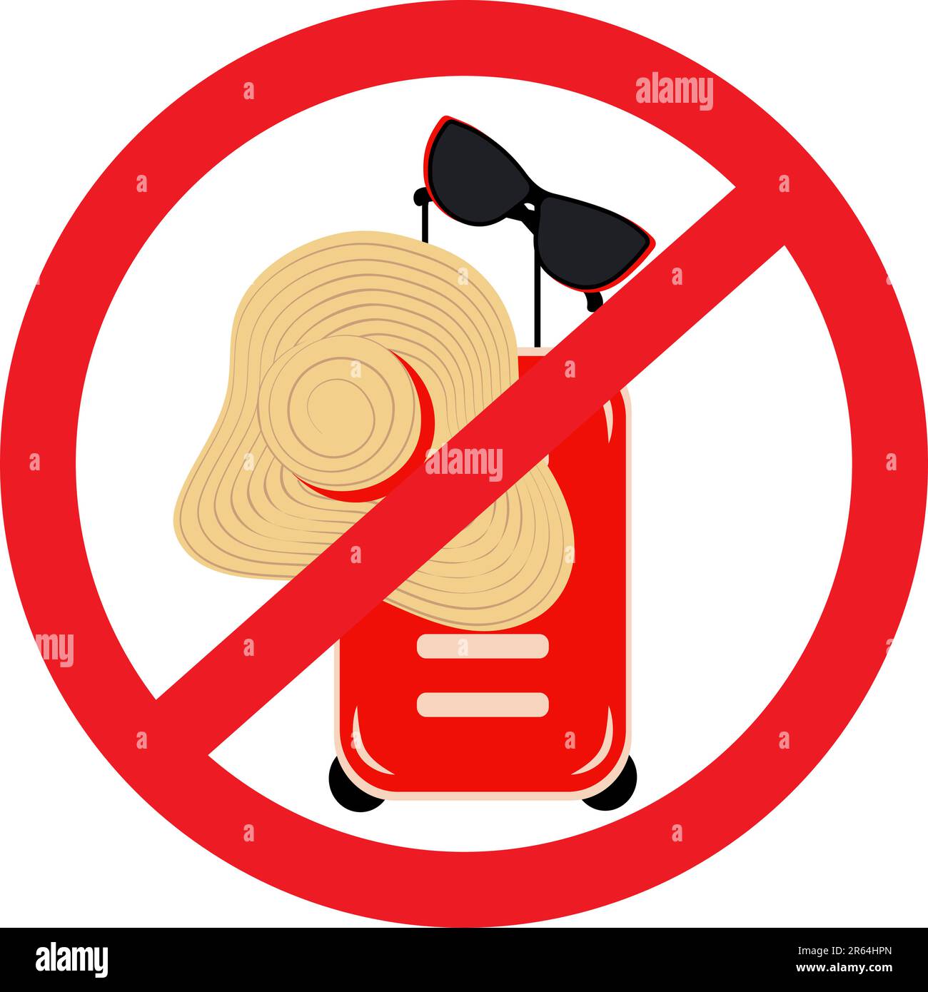 Suitcase on wheels, beach hat and sunglasses under round red ...