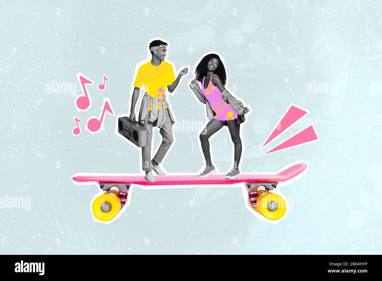 Creative drawing template collage of two active energetic people ...