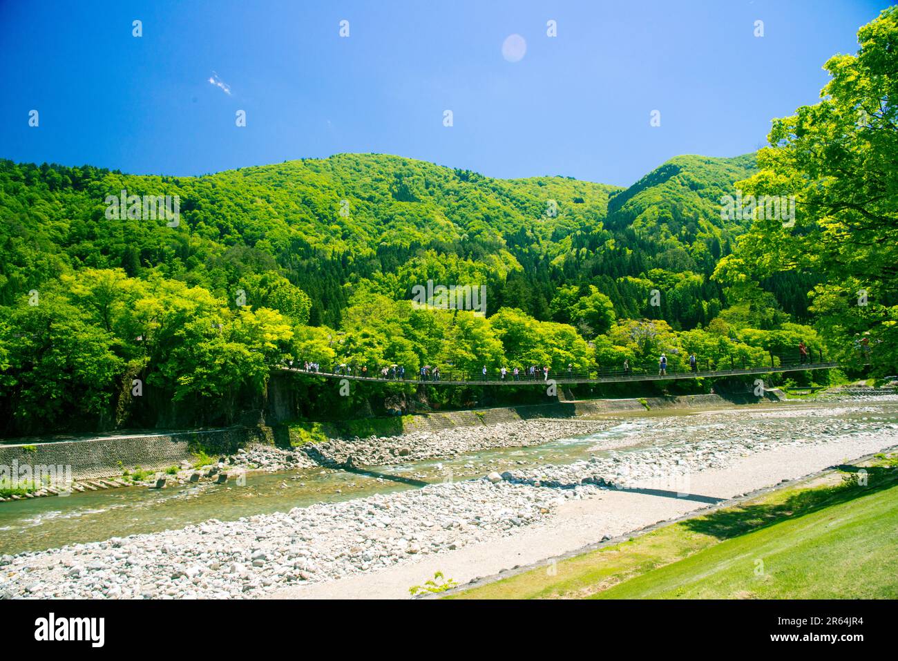 Shirakawa-go Shogawa River and Suspension Bridge in Spring Stock Photo ...