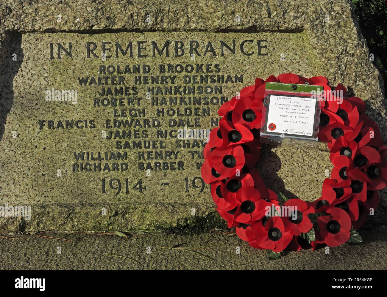 Poppy wreath laid on a First World War memorial in Grappenhall and ...