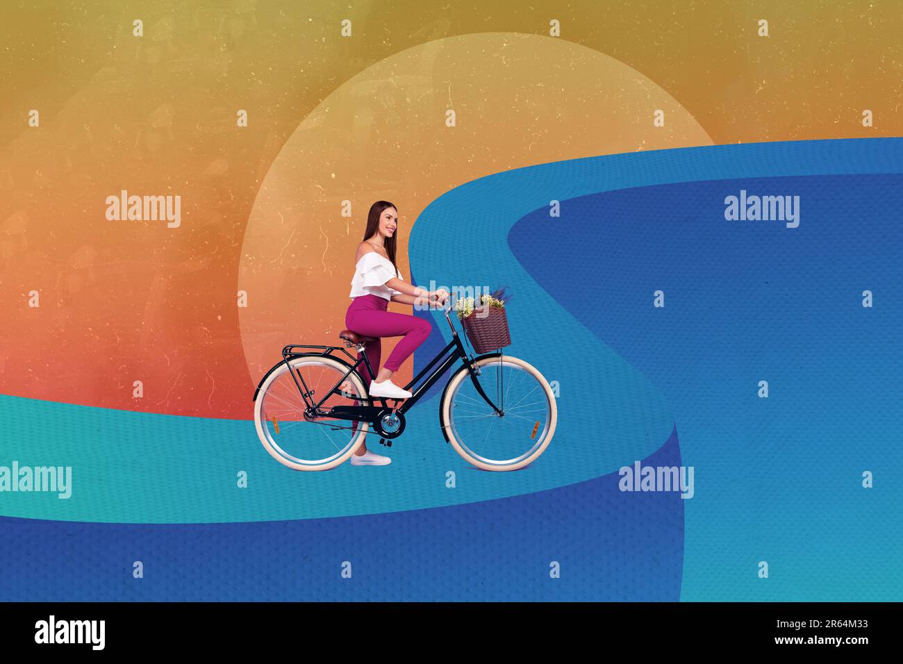 Collage illustration of young alone girl riding bicycle surreal road ...
