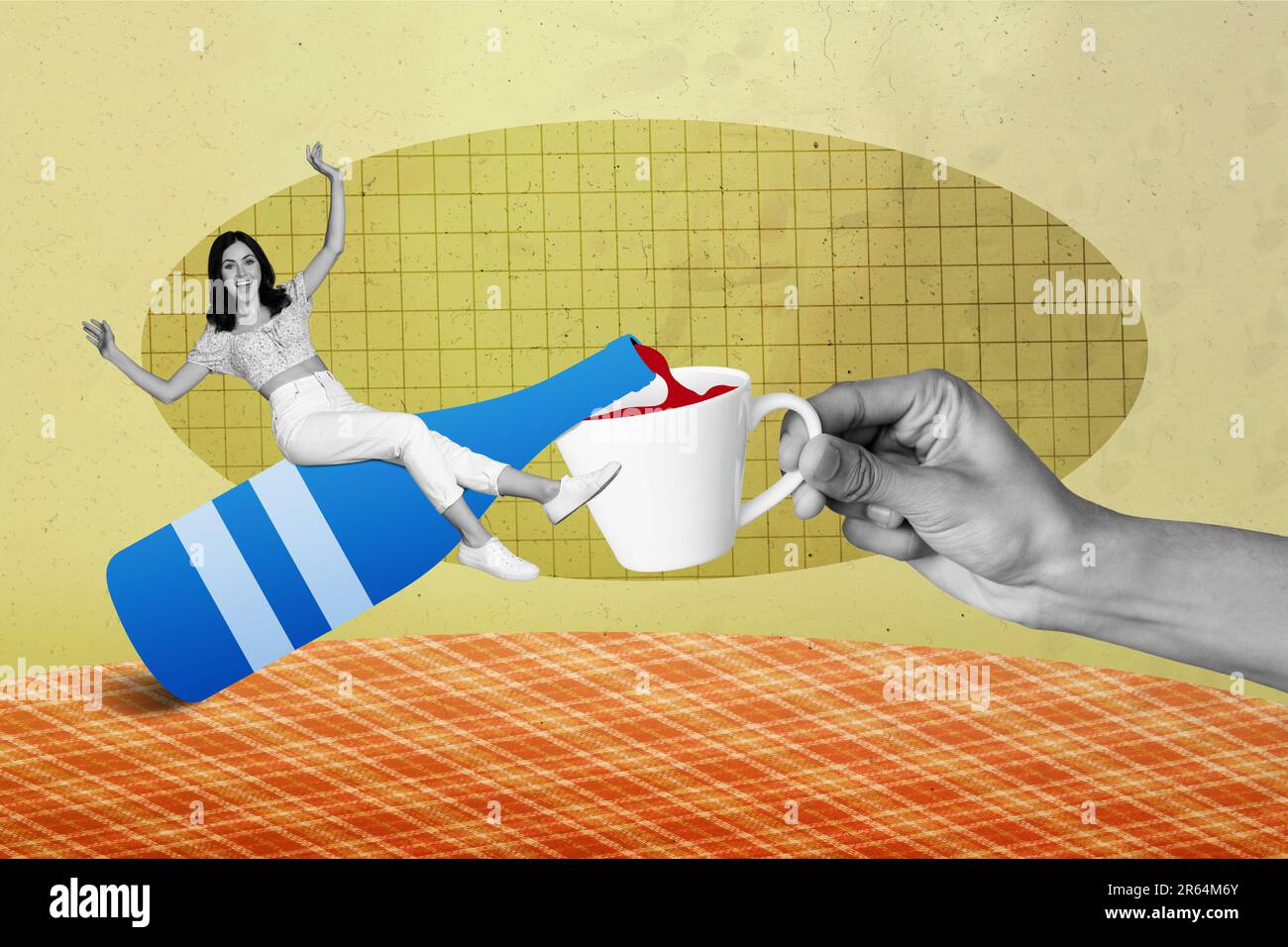 Creative collage illustration pub advert big blue bottle pours cup red ...