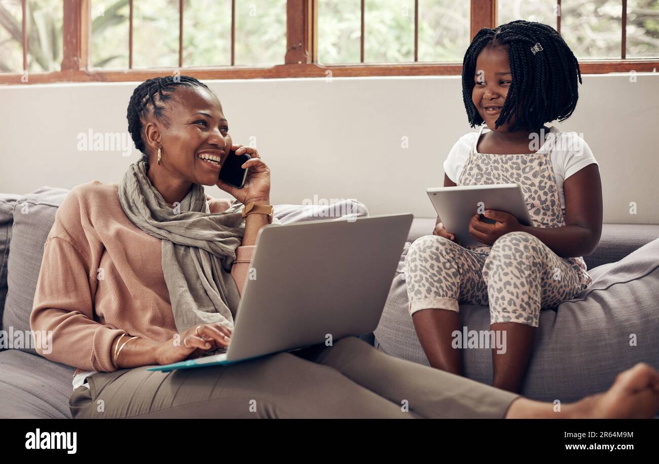 Black family, freelance call and kid smile with tablet and mom on a ...