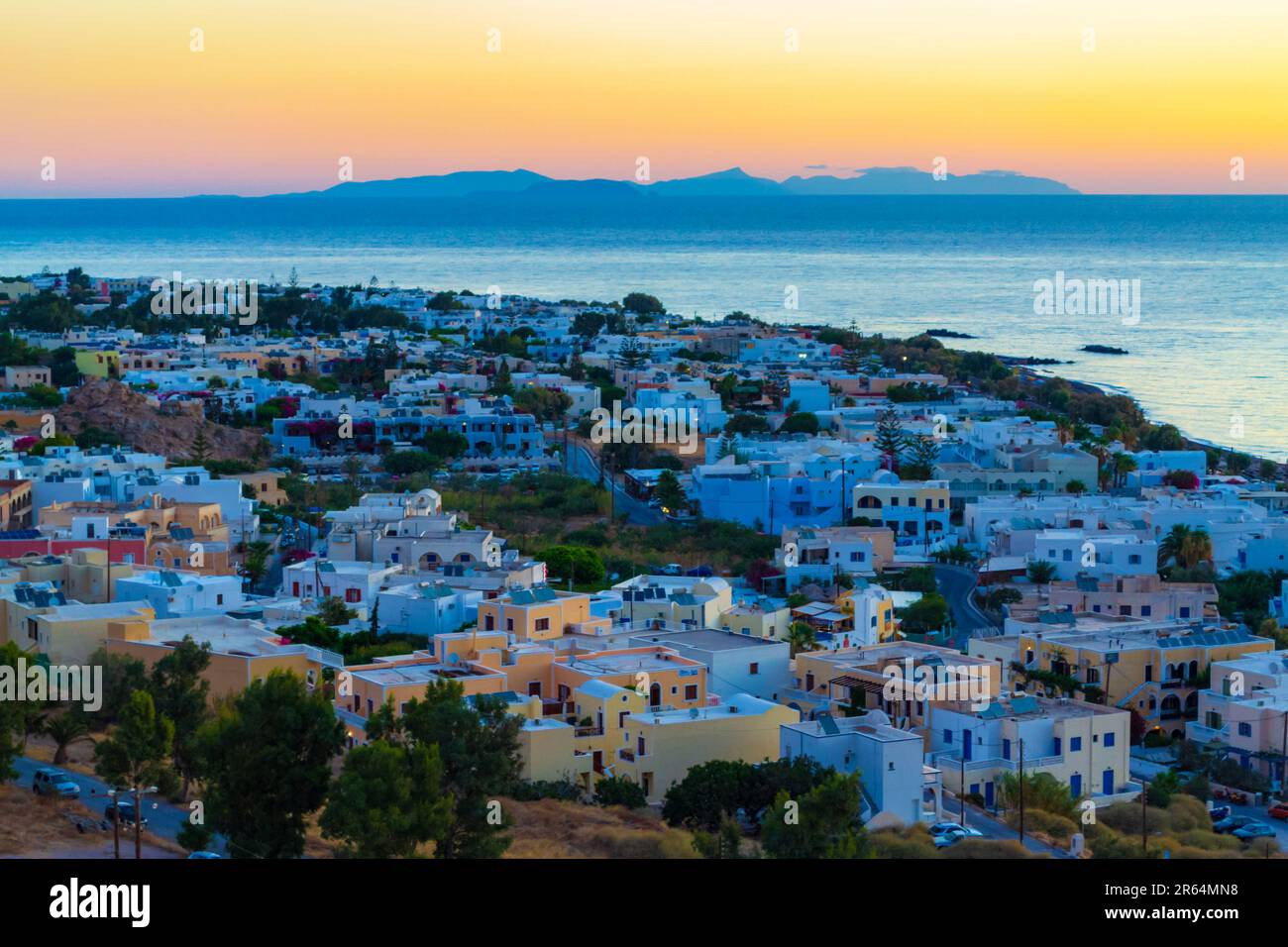 Aerial view of Kamari at dawn-village and resort on the east coast of ...