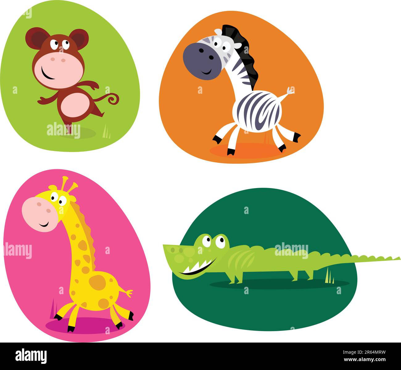 Vector Illustration of four cute wild animals buttons - monkey, zebra ...