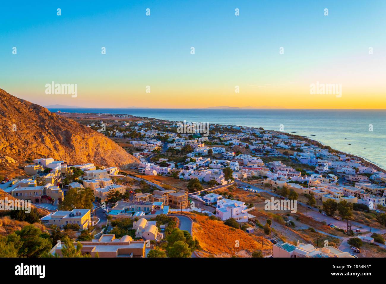 Aerial view of Kamari at dawn-village and resort on the east coast of ...