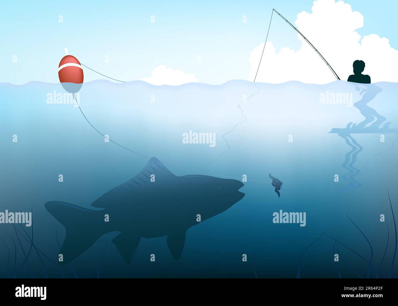 Editable vector illustration of a fish about to take the bait from a ...
