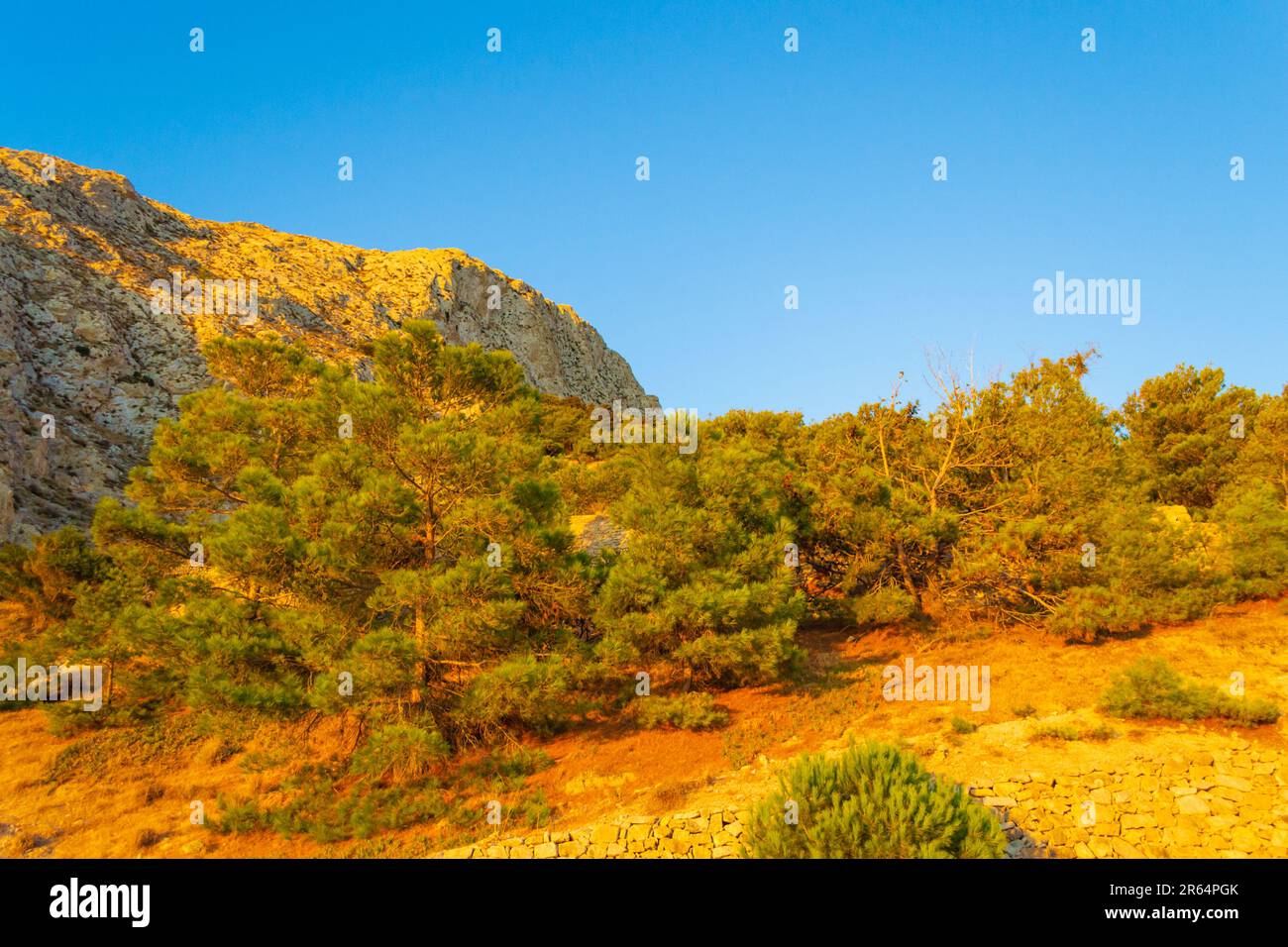 View of Mesa Vouno coloured by the sunrise,It is a steep, rocky ...