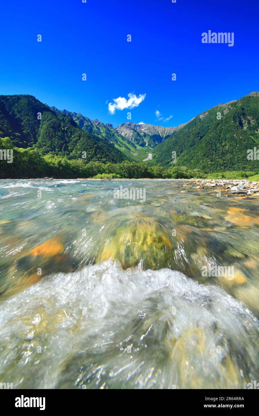 Clear stream of Azusa River and Hotaka mountain peaks Stock Photo - Alamy