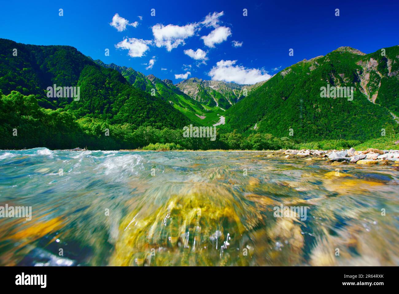 Clear stream of Azusa River and Hotaka mountain peaks Stock Photo - Alamy