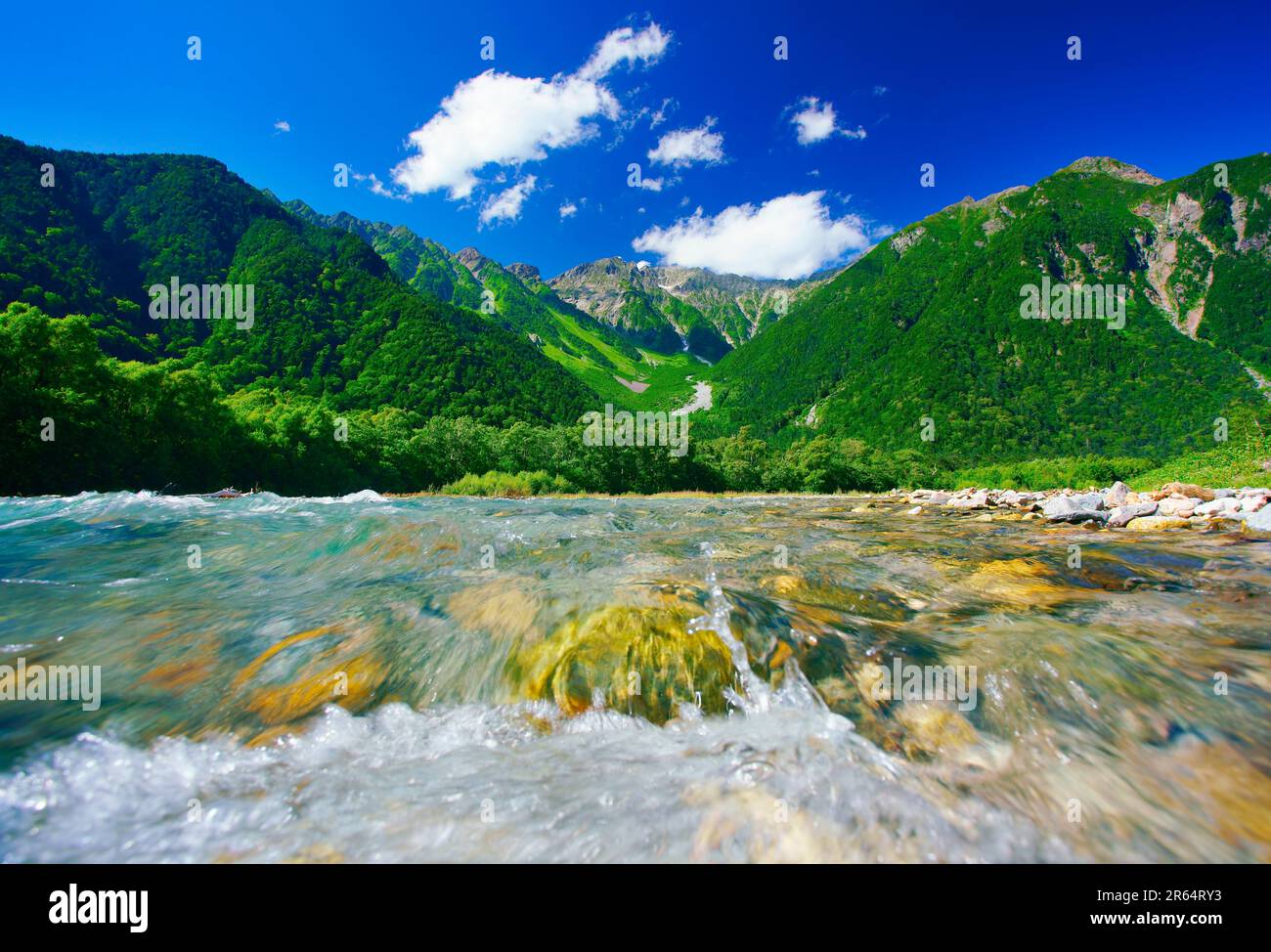 Clear stream of Azusa River and Hotaka mountain peaks Stock Photo - Alamy