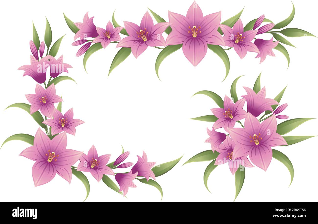 The pink lilium decorative elements and border - line, round and corner ...