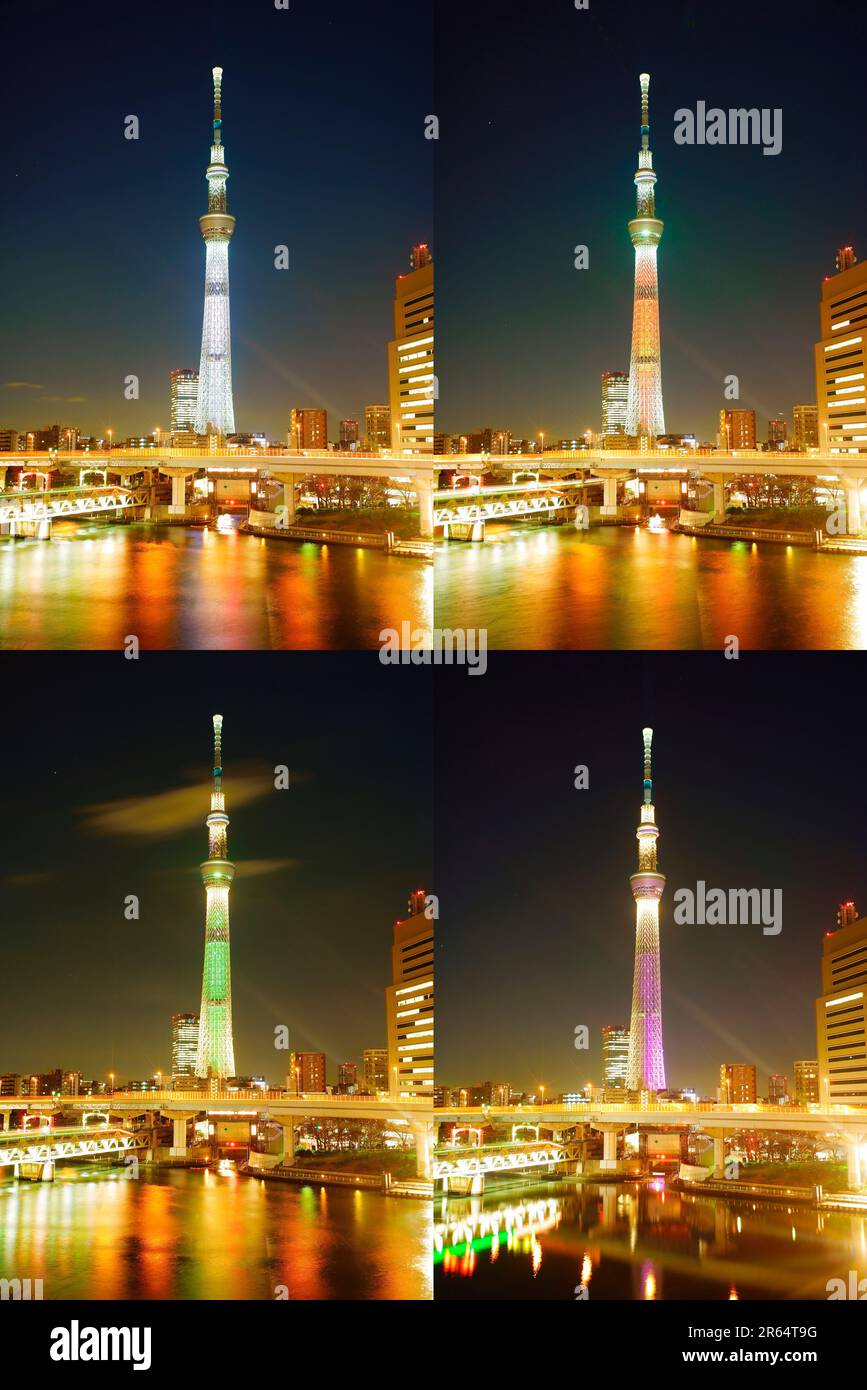 Tokyo Sky Tree and Sumida River bridge illuminated Stock Photo - Alamy