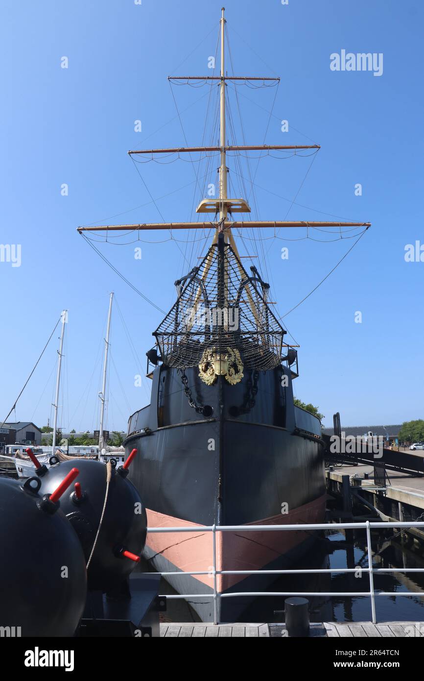 ram ship Scorpio in royal navy museum harbor in dutch city Den Helder ...
