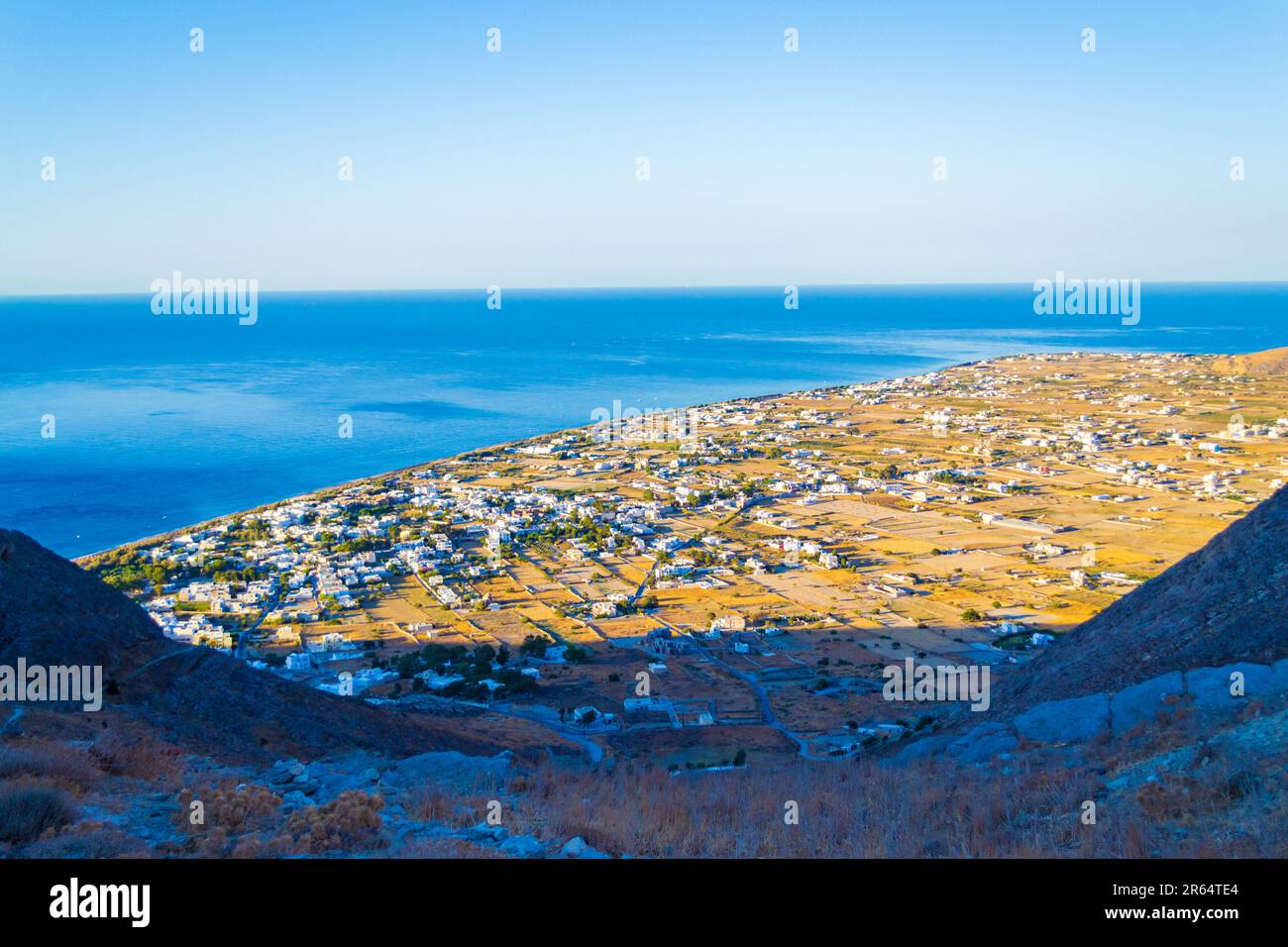 Aerial view of Perissa-coastal village on the Greek island of Santorini ...