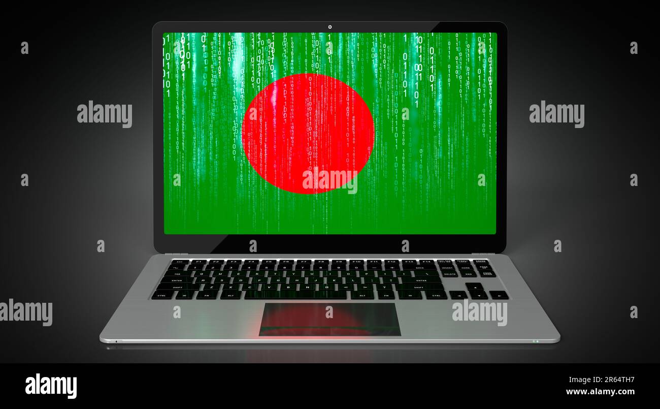 Bangladesh - country flag and binary code on laptop screen - 3D ...