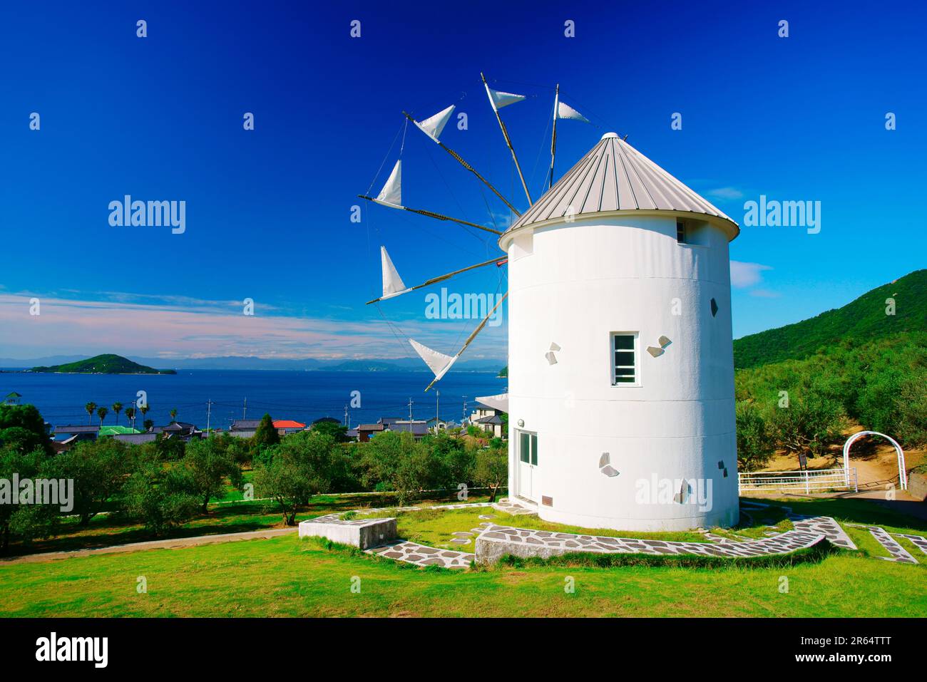 Olive Park Square, Greek Windmill and Seto Inland Sea Stock Photo - Alamy
