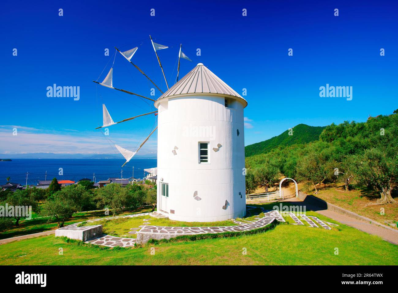 Olive Park Square, Greek Windmill and Seto Inland Sea Stock Photo - Alamy