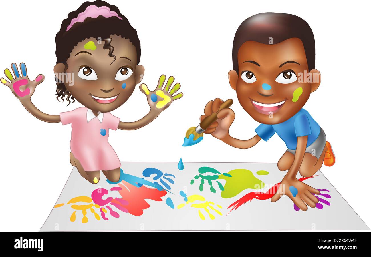 illustration of two ethnic children playing with paints on a play-mat ...