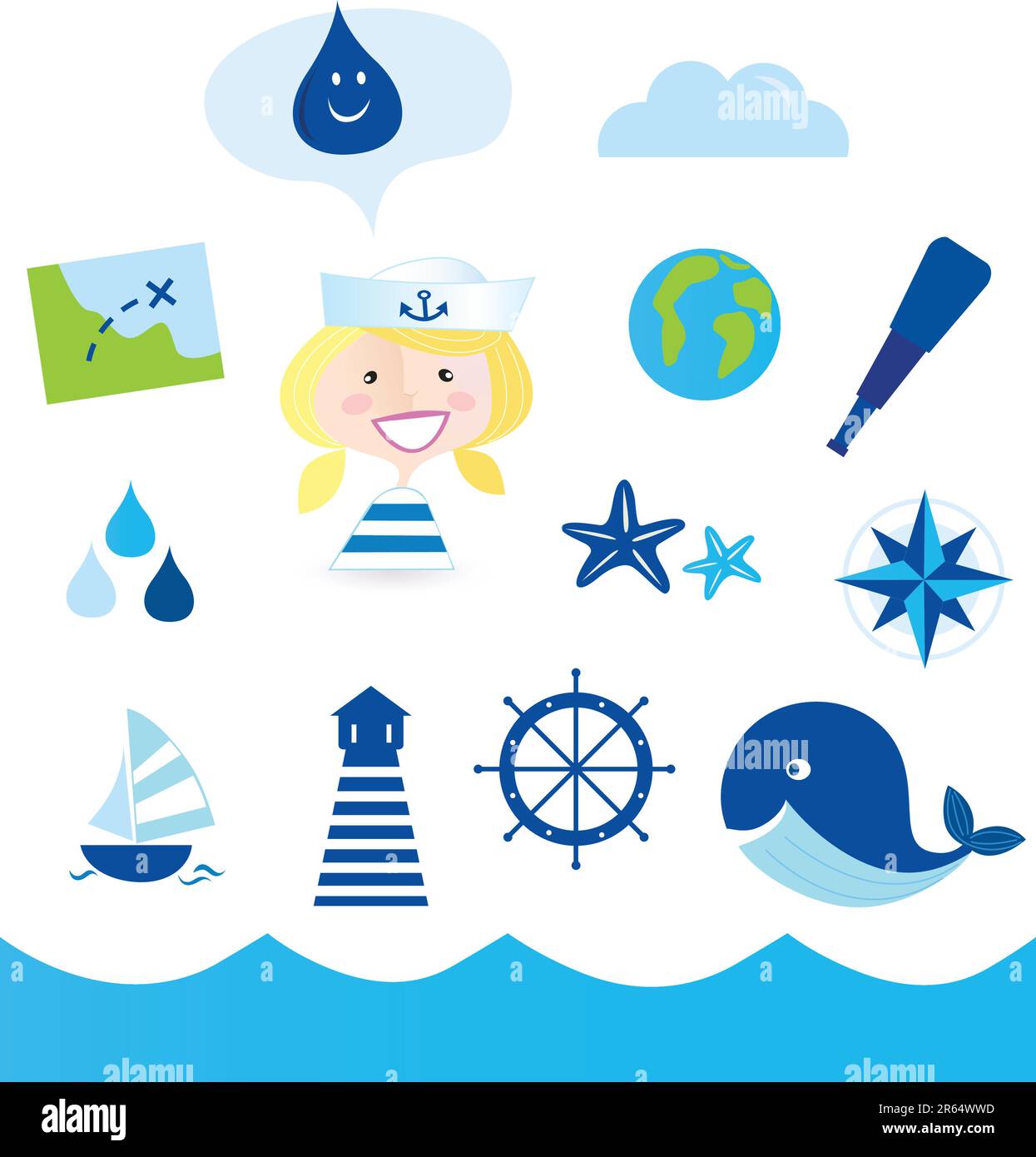 Stylized ocean icon set. Smiling small adventurer with accesories: map ...