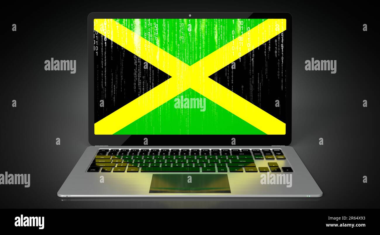 Jamaica - country flag and binary code on laptop screen - 3D ...