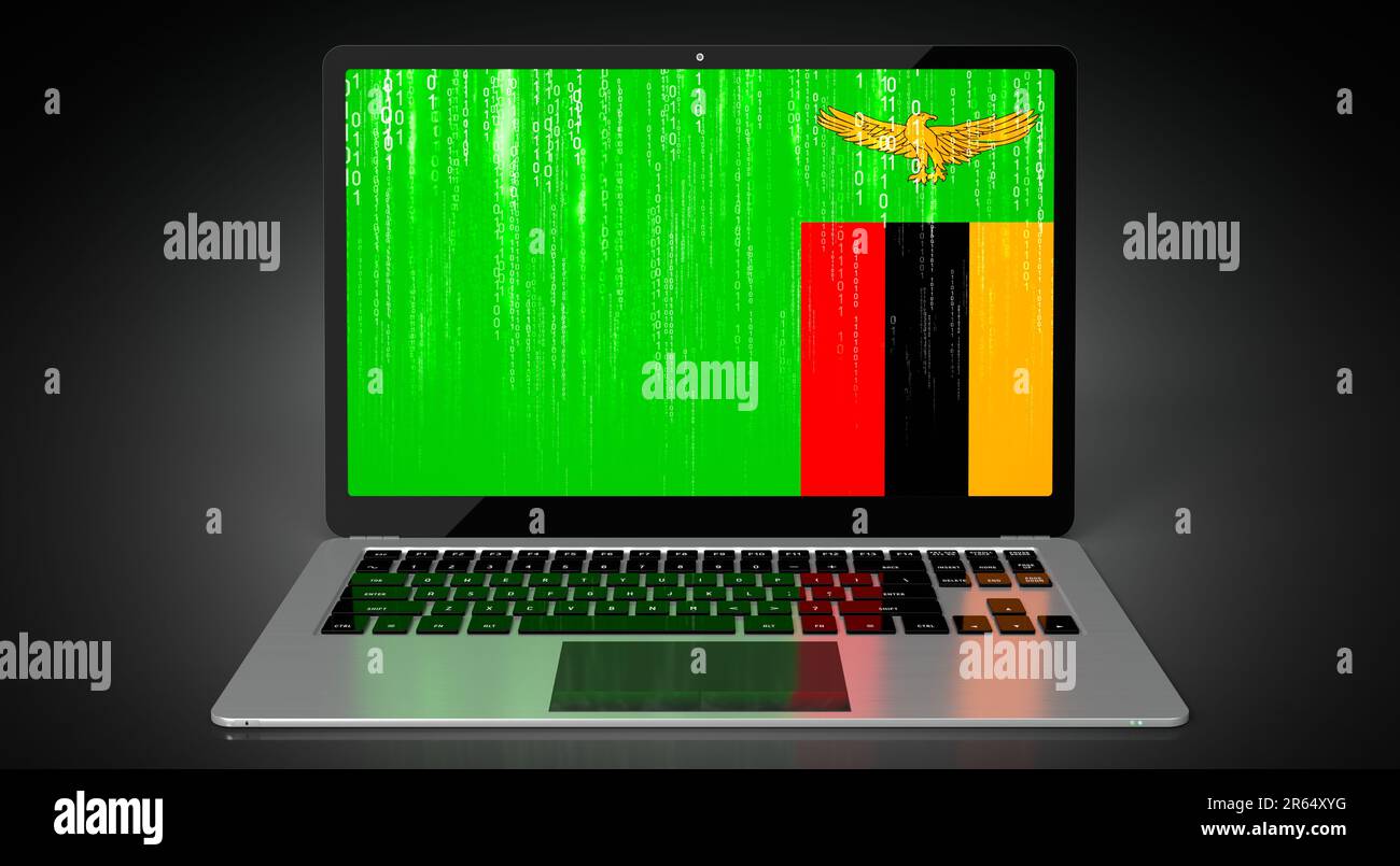 Zambia - country flag and binary code on laptop screen - 3D ...
