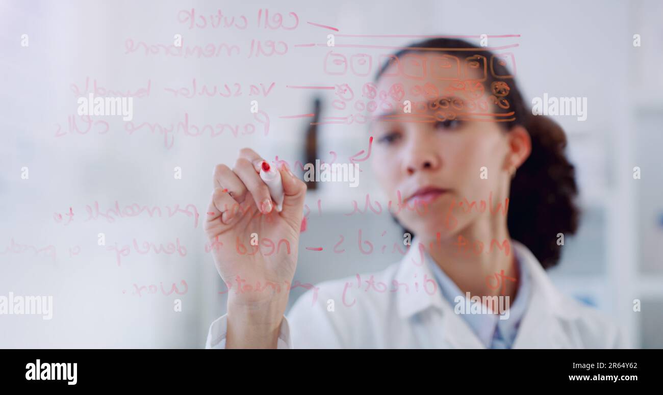 Thinking, scientist hand and woman writing on clear board for science ...