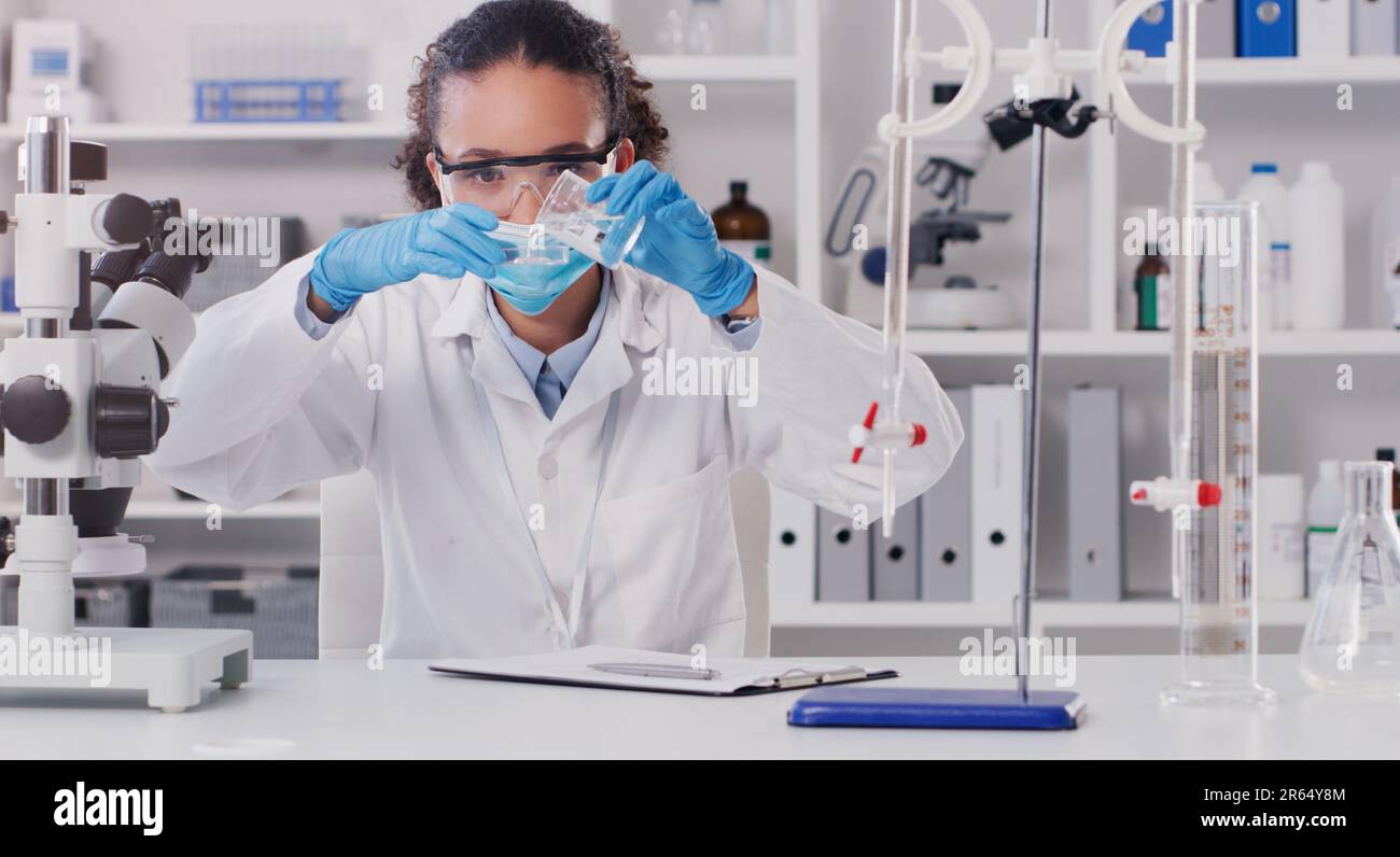 Lab worker, woman scientist and chemical pour of a employee with ...