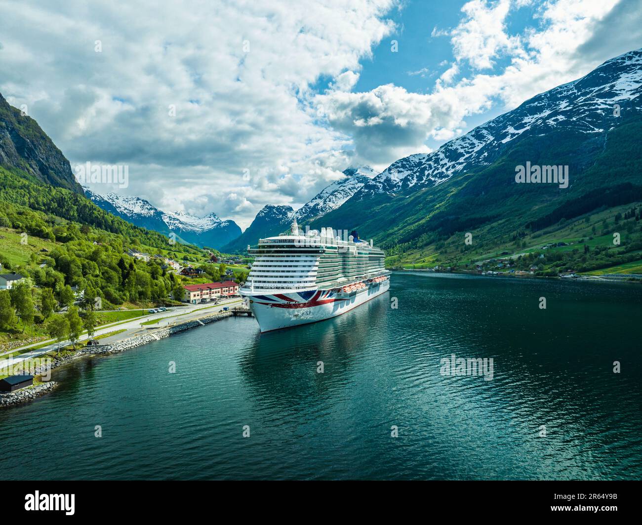 IONA PandO CRUISES from a drone, Olden, Innvikfjorden, Norway, Europe ...