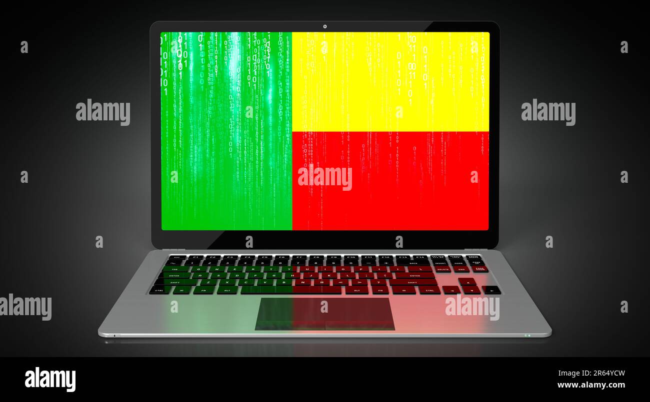 Benin - country flag and binary code on laptop screen - 3D illustration ...