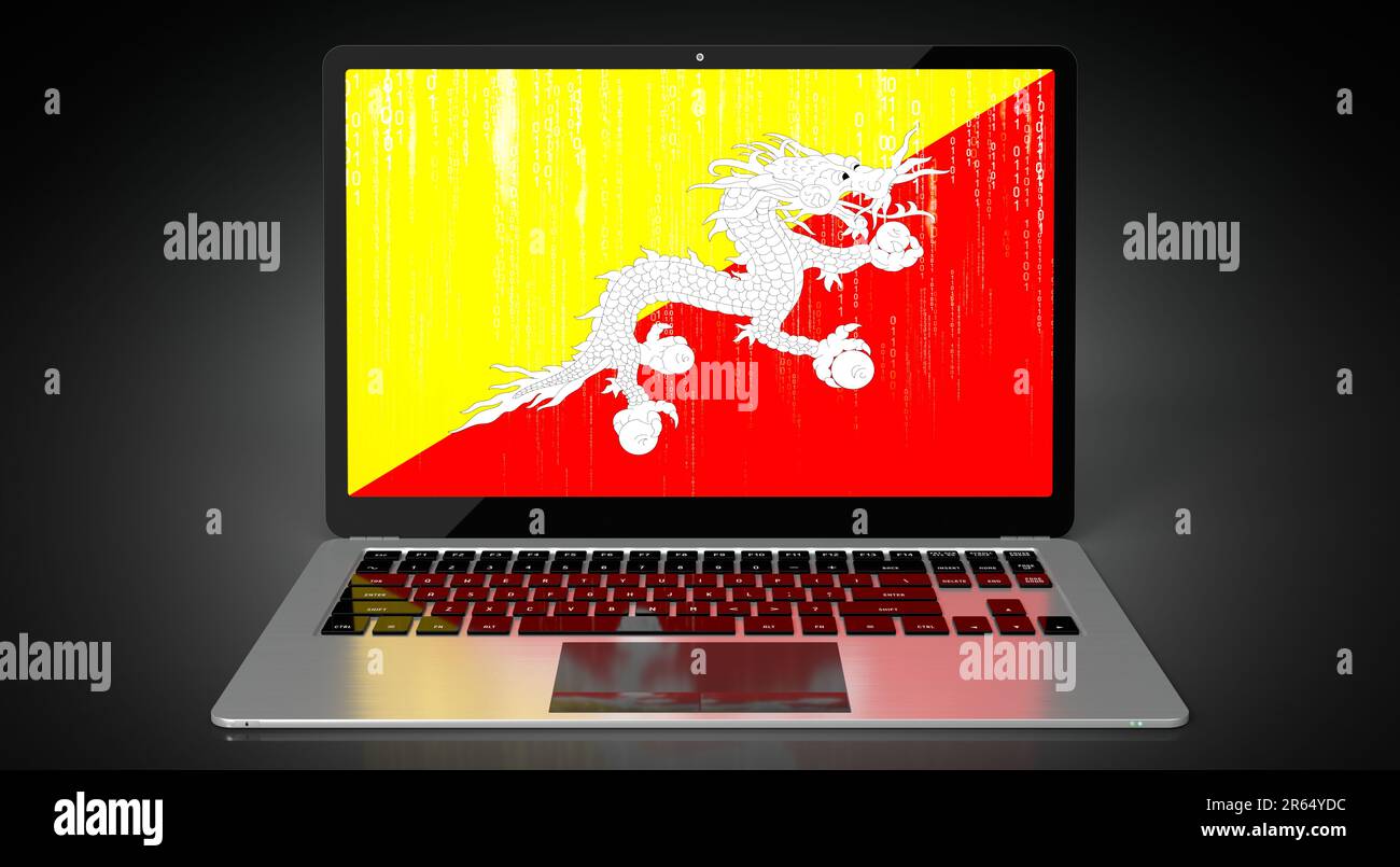 Bhutan - country flag and binary code on laptop screen - 3D ...