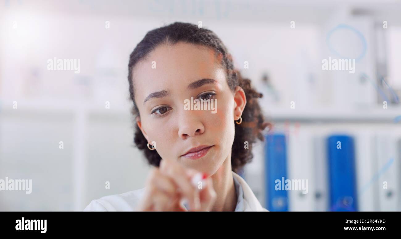 Thinking, scientist data and woman writing on clear board for science ...
