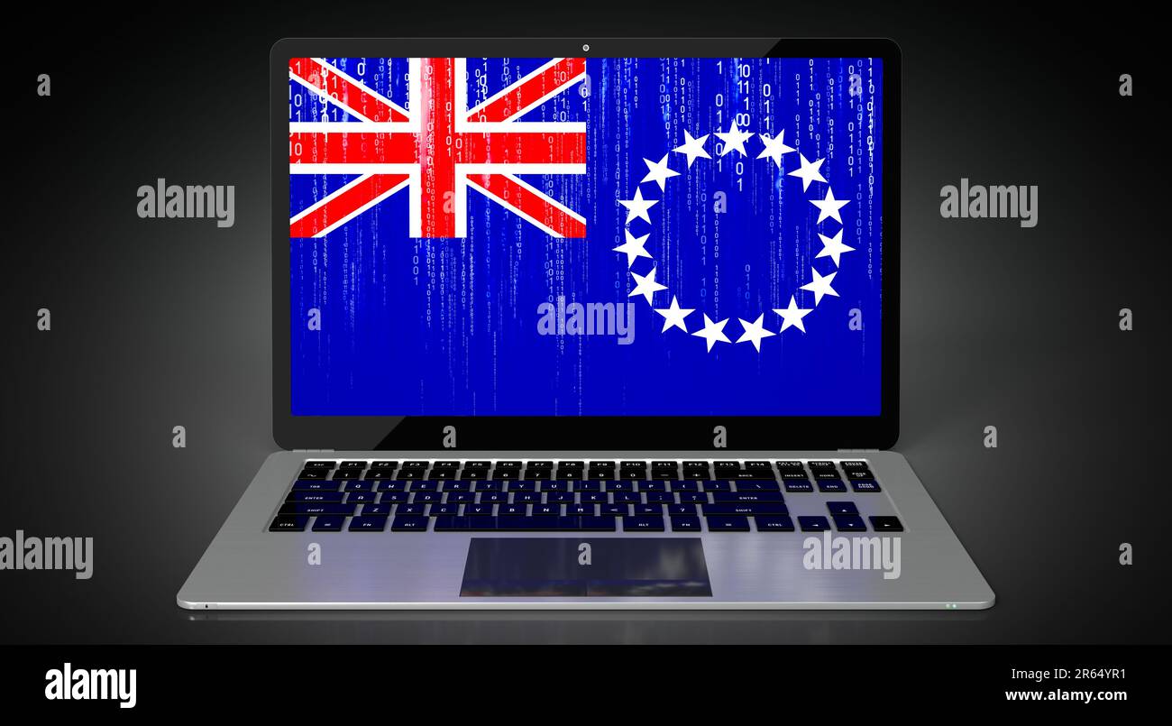 Cook Islands - country flag and binary code on laptop screen - 3D ...