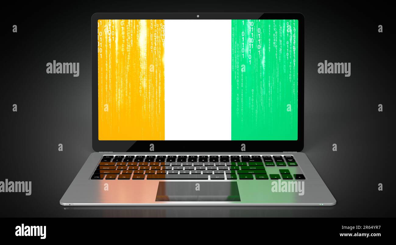 Ivory Coast - country flag and binary code on laptop screen - 3D ...