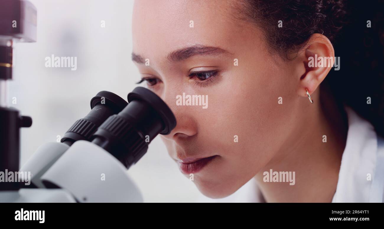Science, face and microscope with woman in laboratory for expert ...