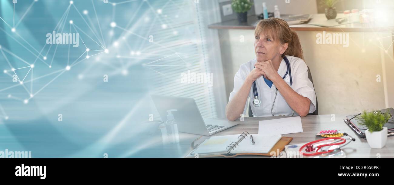 Portrait of thoughtful female doctor in medical office; panoramic ...